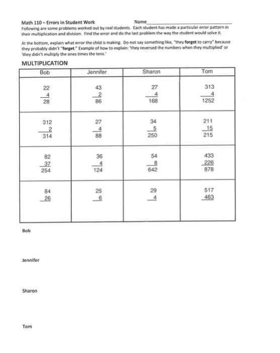 Solved Math 110 - Errors in Student Work Name Following are | Chegg.com