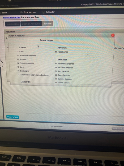 Solved entries for unearned fees Chart of Accounts Journal | Chegg.com
