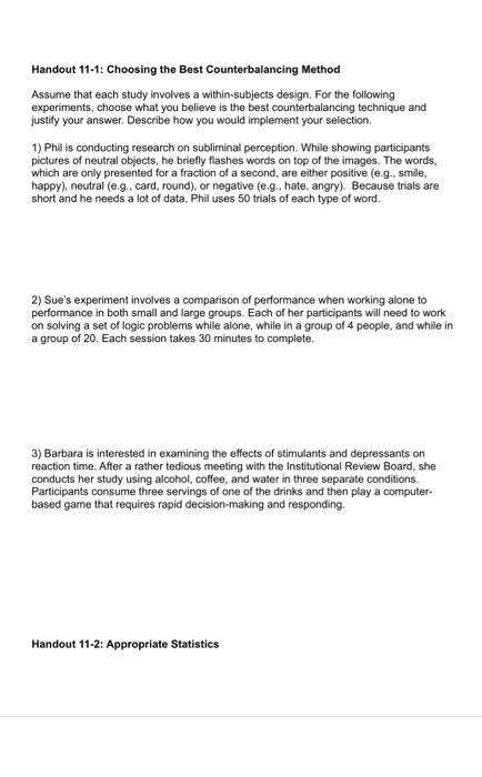 Handout 11-1: Choosing the Best Counterbalancing | Chegg.com