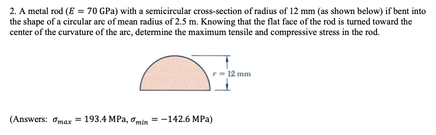 Solved A metal rod(E=70GPa) ﻿with a semicircular | Chegg.com