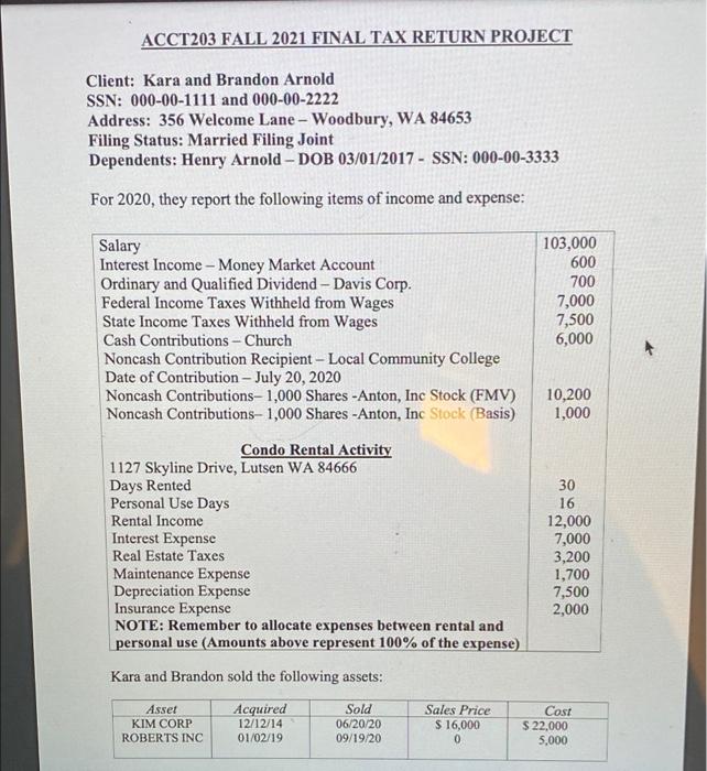 ACCT203 FALL 2021 FINAL TAX RETURN PROJECT Client: | Chegg.com