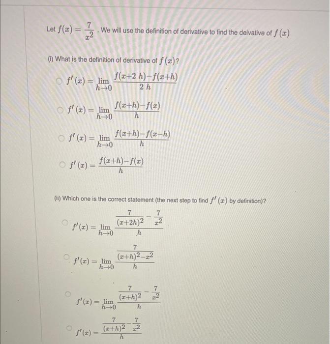 Solved Let f(x)=x27. We will use the definition of | Chegg.com