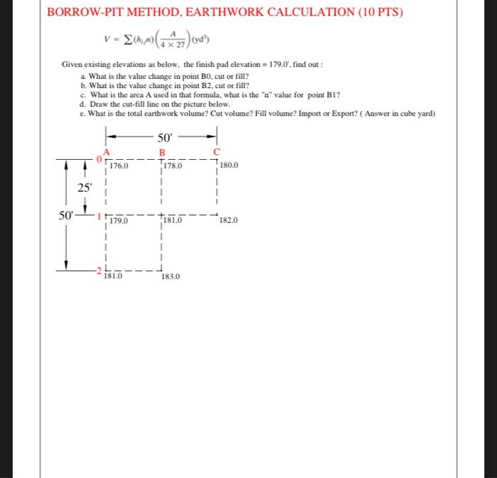 Solved BORROW-PIT METHOD, EARTHWORK CALCULATION (10 PTS) | Chegg.com
