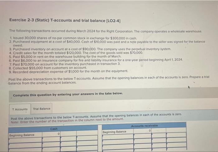 Solved Exercise 2-3 (Static) T-accounts and trial balance | Chegg.com
