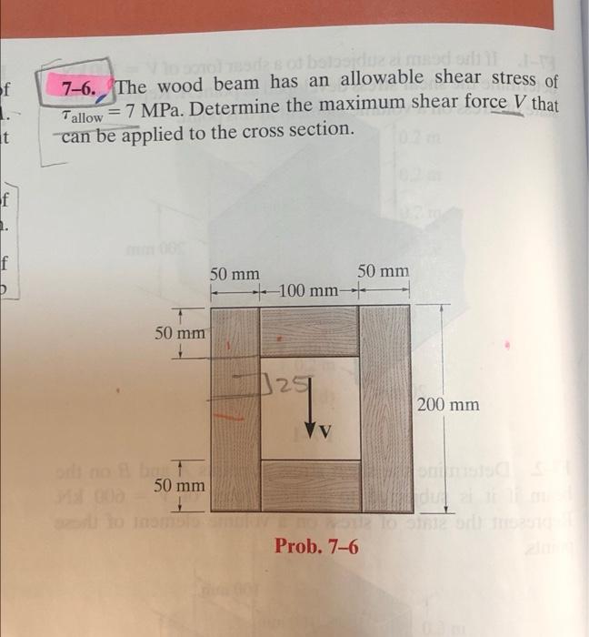 Solved f 1. It 7–6. The wood beam has an allowable shear | Chegg.com