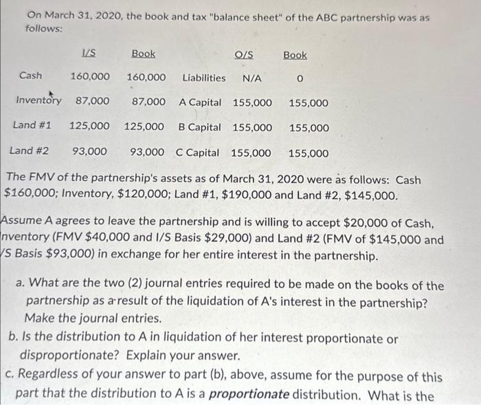 Solved On March 31,2020, the book and tax "balance sheet" of | Chegg.com