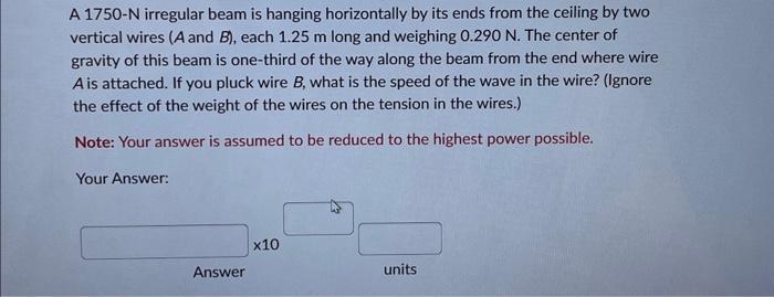 Solved A 1750−N irregular beam is hanging horizontally by | Chegg.com