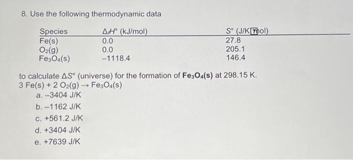 Solved 8. Use the following thermodynamic data to calculate | Chegg.com