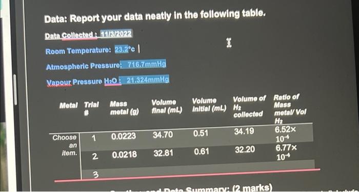 Solved Data: Report your data neatly in the following table. | Chegg.com