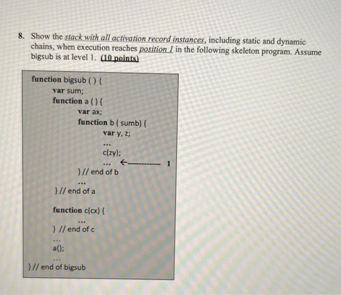 Solved 8. Show the stack with all activation record | Chegg.com