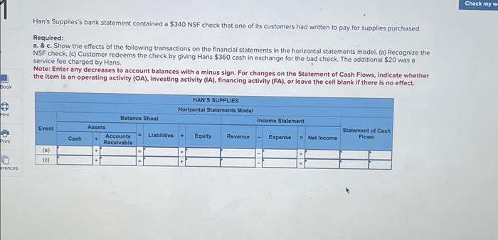 Solved Han's Supplies's bank statement contained a $340 NSF | Chegg.com