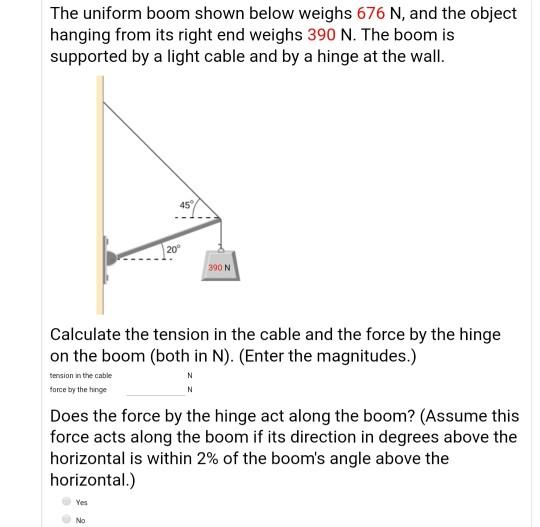 Solved The uniform boom shown below weighs 676 N, and the | Chegg.com