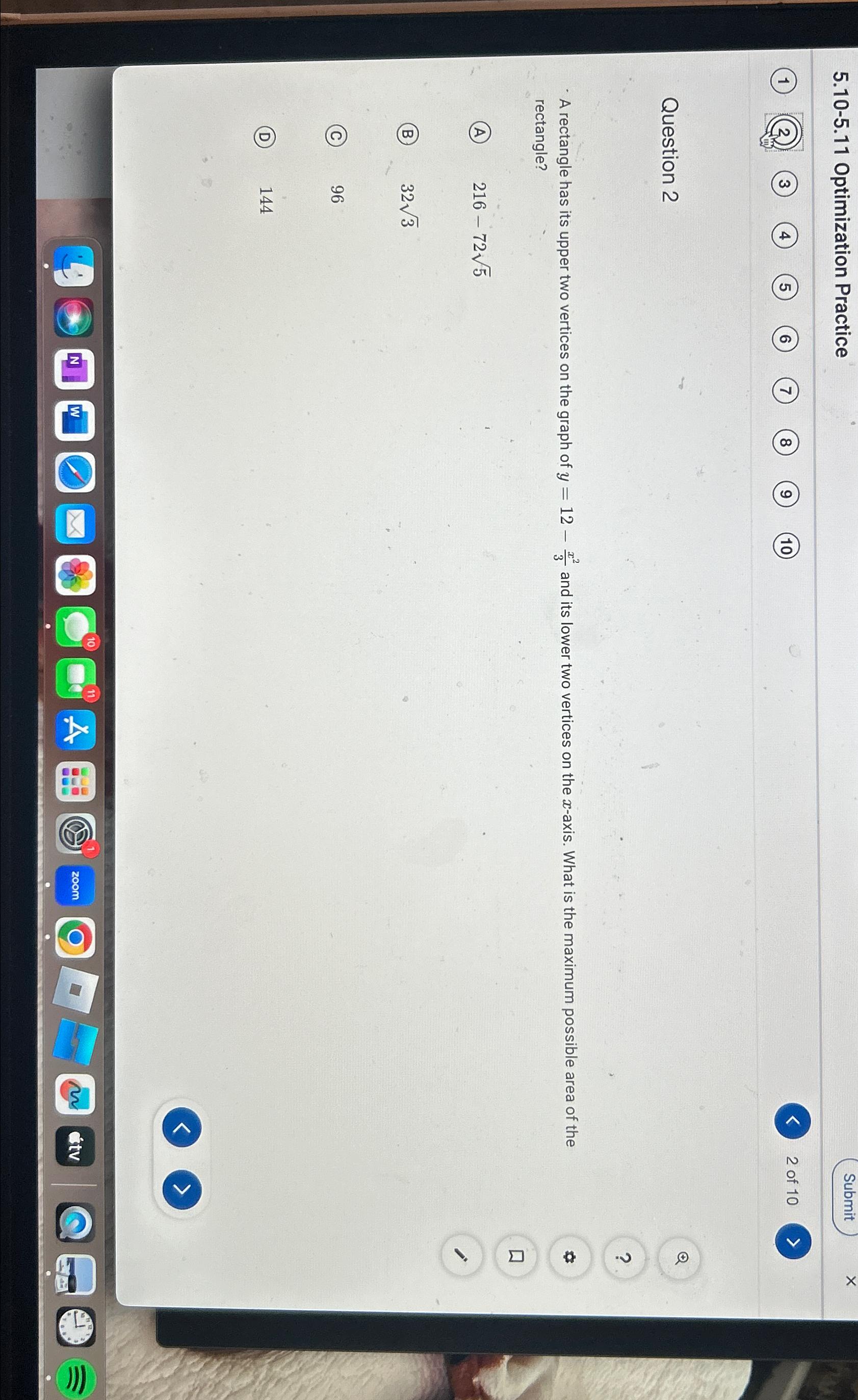 Solved Question 2A rectangle has its upper two vertices on | Chegg.com