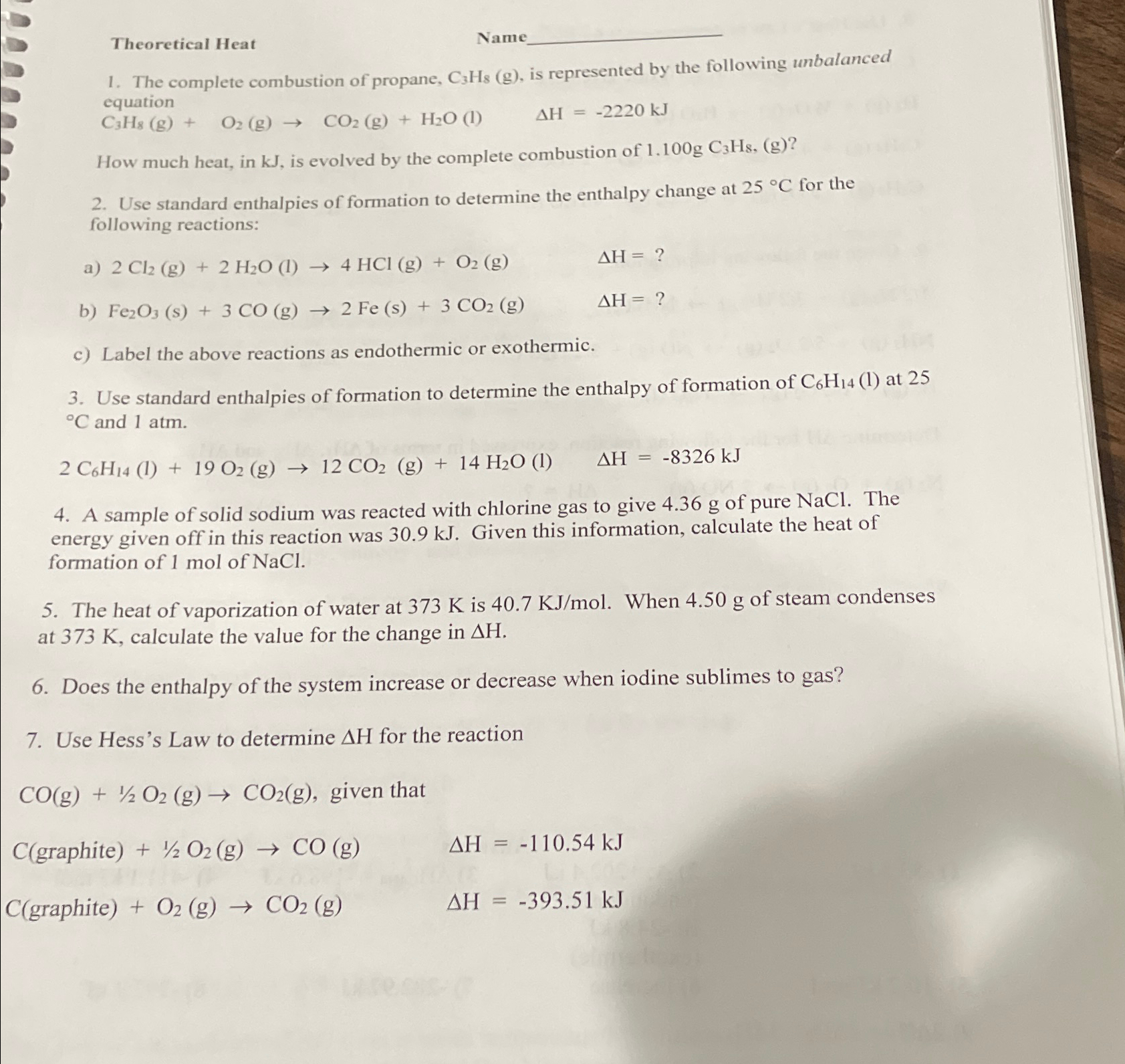 Solved Solve it all pleaseTheoretical HeatNameq,The complete | Chegg.com