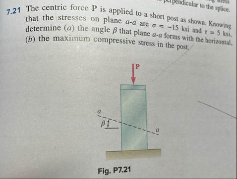 Solved 7.21 ﻿The centric force P ﻿is applied to a short post | Chegg.com