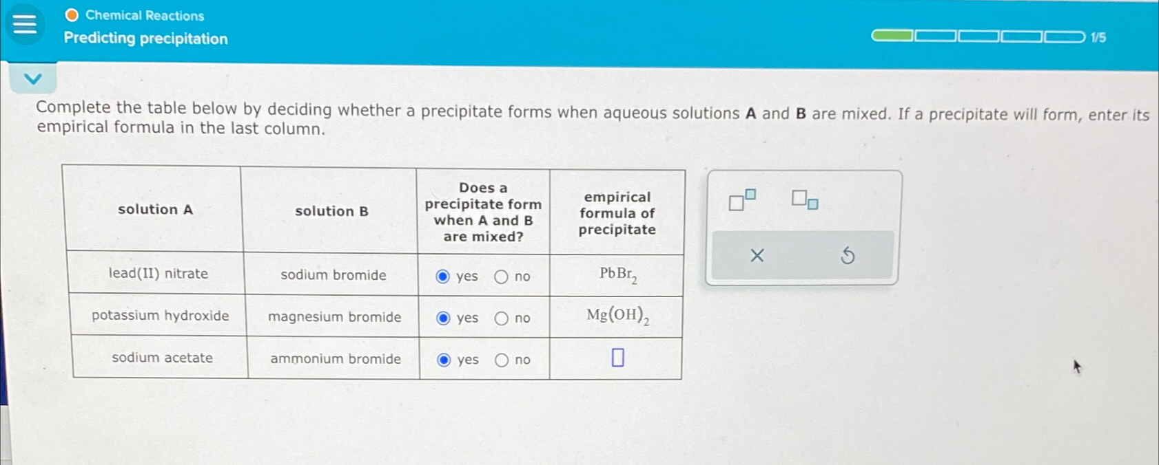 Solved Chemical ReactionsPredicting precipitation15Complete | Chegg.com