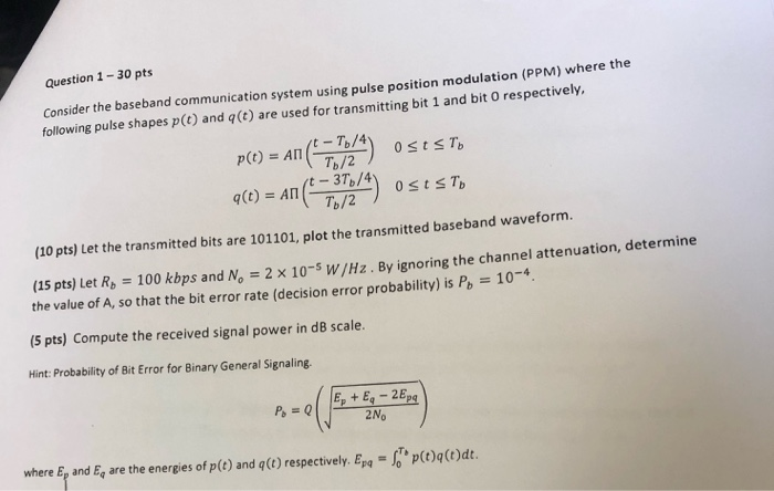 Solved Question 1 - 30 pts Consider the baseband | Chegg.com