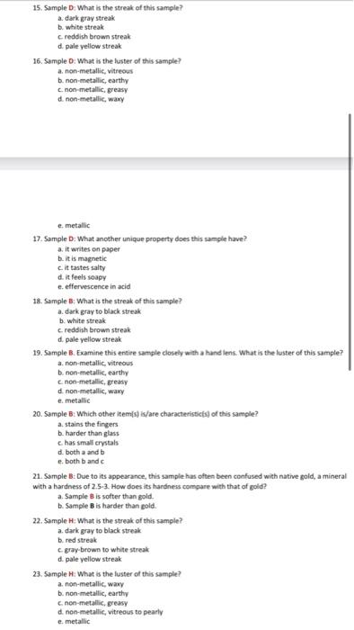 Solved 15. Sample D: What is the streak of this sample? a. | Chegg.com