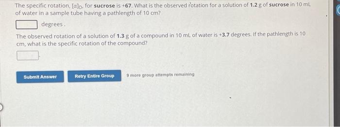 Solved The specific rotation, [a]D, for sucrose is +67 . | Chegg.com