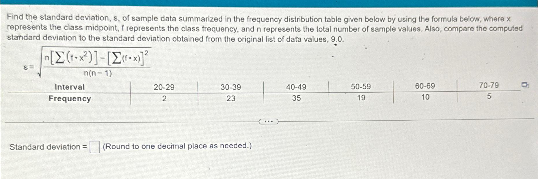 Find the standard deviation, s, ﻿of sample data | Chegg.com