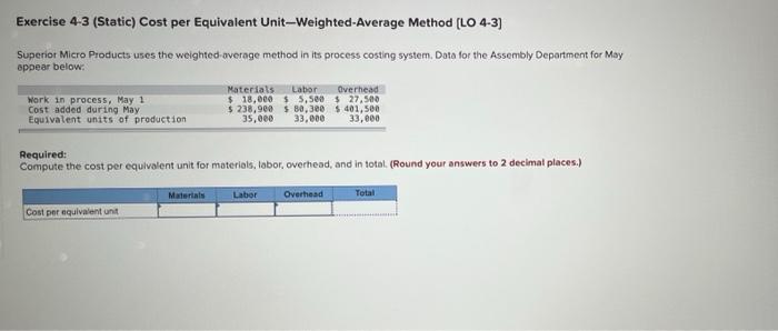 Solved Exercise 4-3 (Static) Cost per Equivalent | Chegg.com