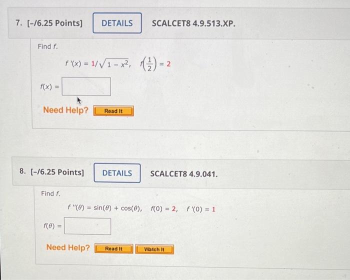 Solved SCALCET8 4.9.513.XP. Find f. /6.25 Points] | Chegg.com