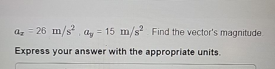 Solved ax=26ms2,ay=15ms2. ﻿Find the vector's magnitude. | Chegg.com