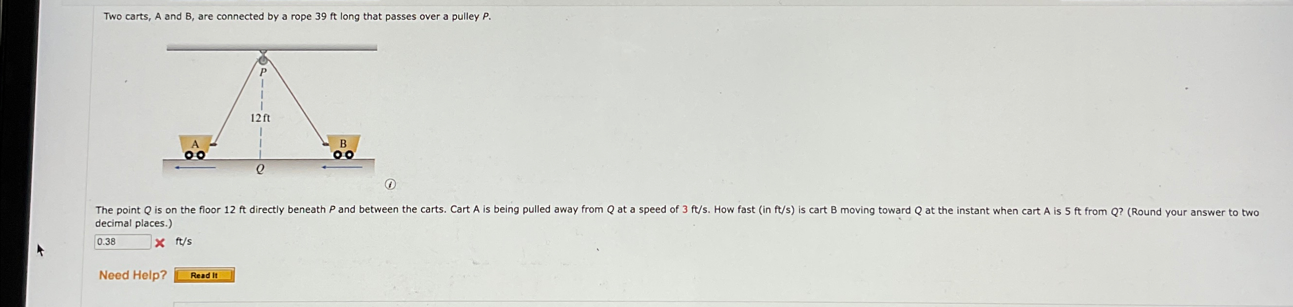 Solved Two carts, A and B, ﻿are connected by a rope 39ft | Chegg.com