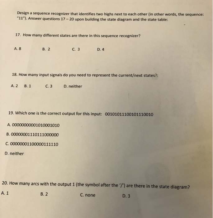 Solved Design a sequence recognizer that identifies two | Chegg.com