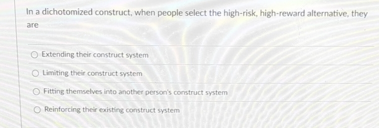 Solved In a dichotomized construct, when people select the | Chegg.com