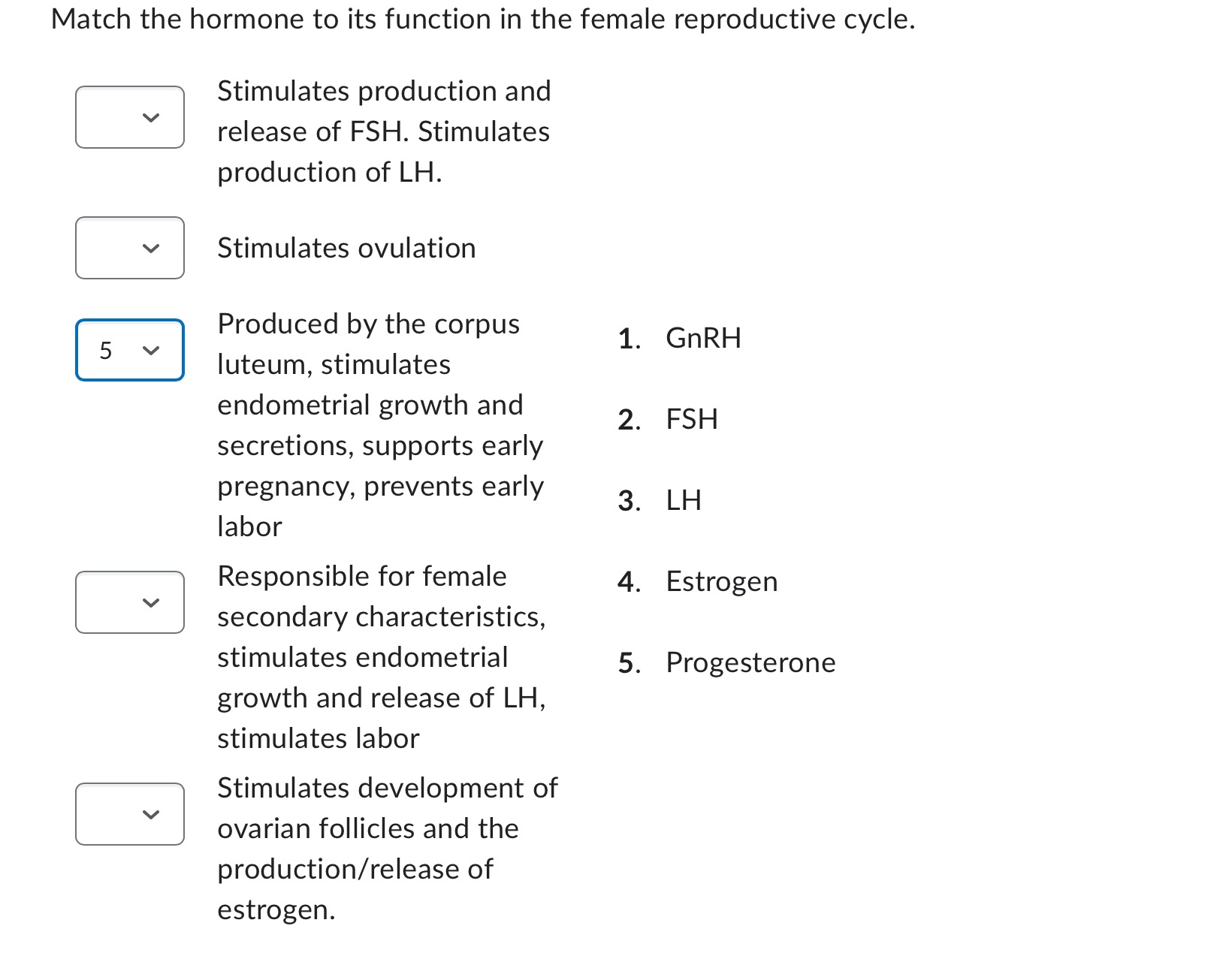 Solved Match the hormone to its function in the female | Chegg.com
