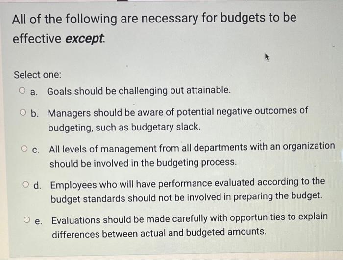 Solved All of the following are necessary for budgets to be | Chegg.com