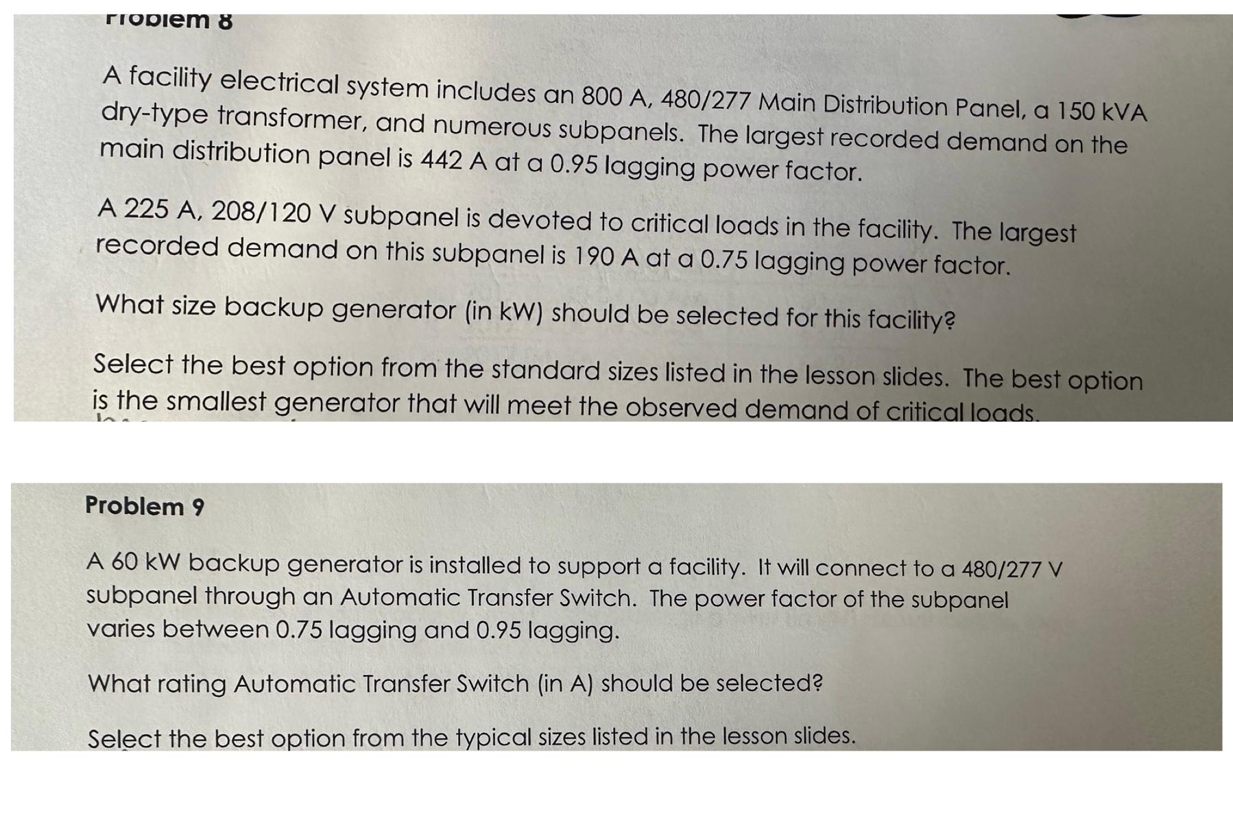 Solved A facility electrical system includes an 800 | Chegg.com