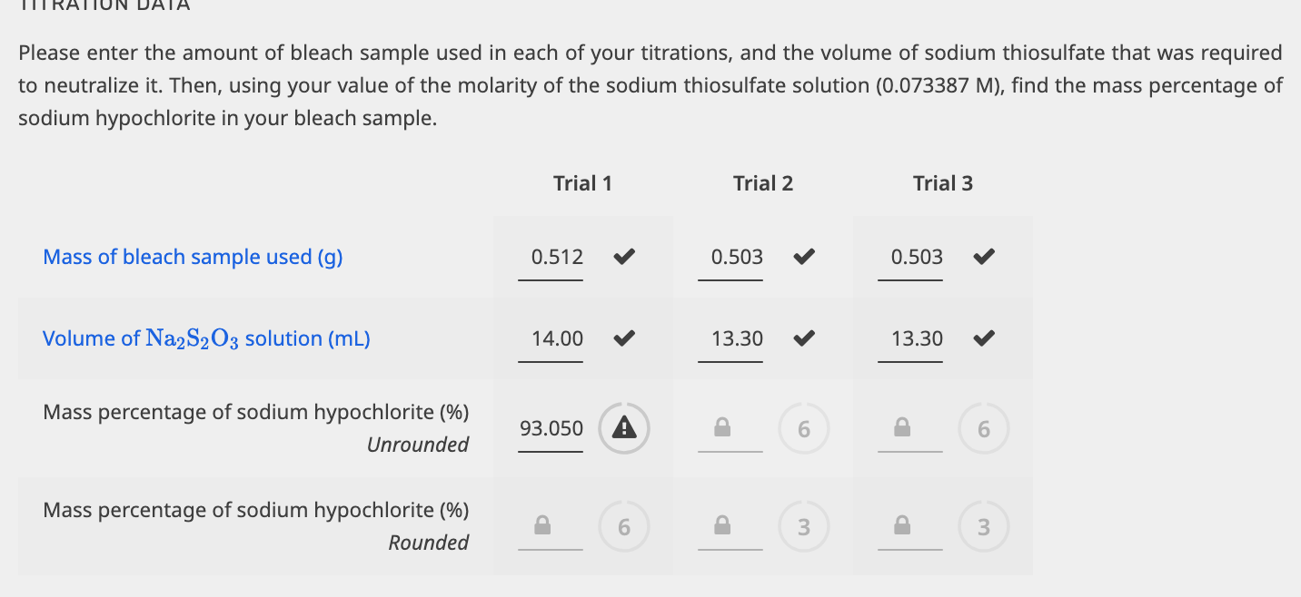 Solved Please enter the amount of bleach sample used in each | Chegg.com