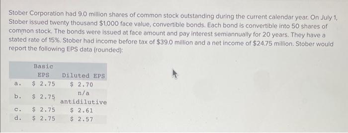 Solved Stober Corporation had 9.0 million shares of common | Chegg.com