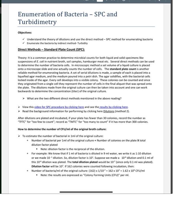 Solved Enumeration of Bacteria - SPC and Turbidimetry | Chegg.com
