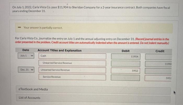 - Your answer is partially correct For Carla Vista | Chegg.com