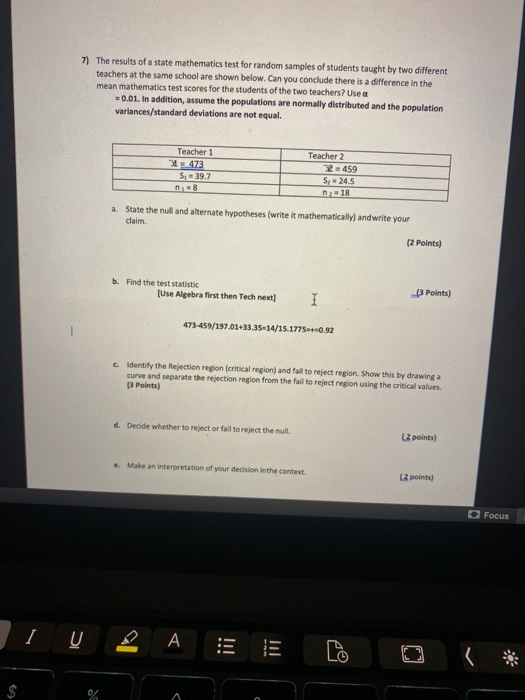 Solved 7) The results of a state mathematics test for random | Chegg.com
