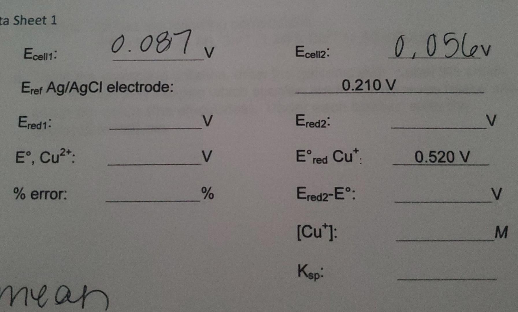 ta Sheet 1 0.087 v Ecell 1: Ecell2 0,056v Eref | Chegg.com