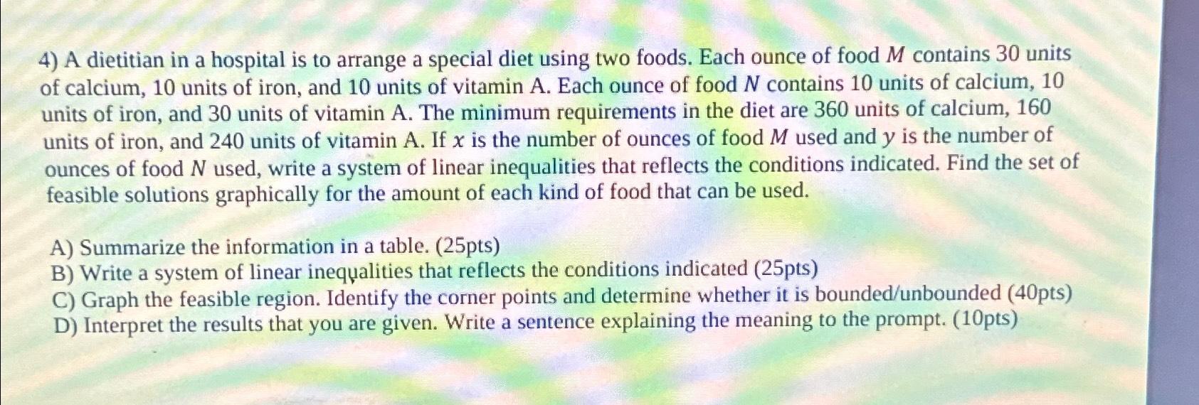 Solved A dietitian in a hospital is to arrange a special | Chegg.com
