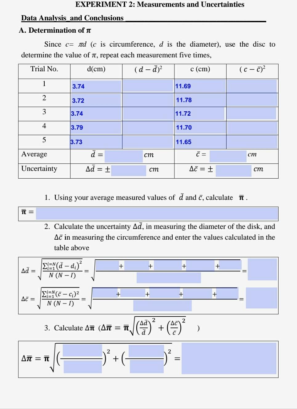 Solved EXPERIMENT 2: Measurements and Uncertainties Data | Chegg.com