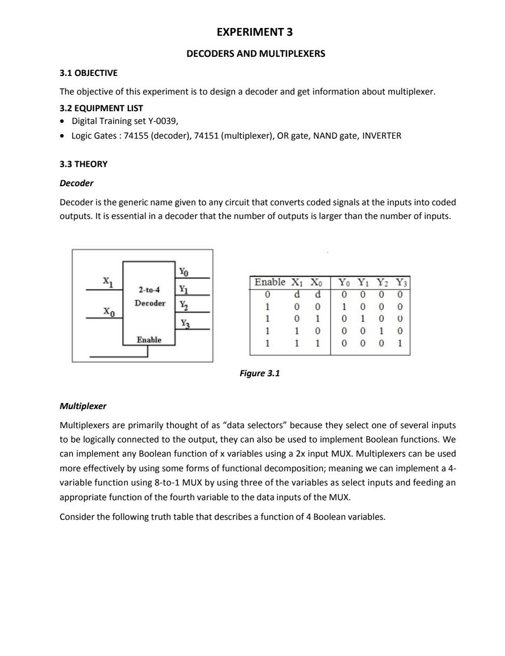 Solved EXPERIMENT 3 DECODERS AND MULTIPLEXERS 3.1 OBJECTIVE | Chegg.com