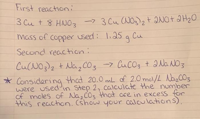 Solved First reaction:3Cu + 8HNO3 -> 3Cu(NO3)₂ + 2NO + | Chegg.com