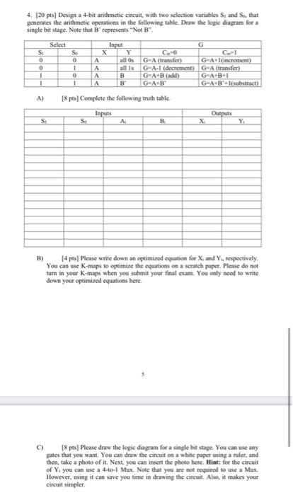 Solved 4. (20 pts) Design a 4-bit arithmetic circuit, with | Chegg.com