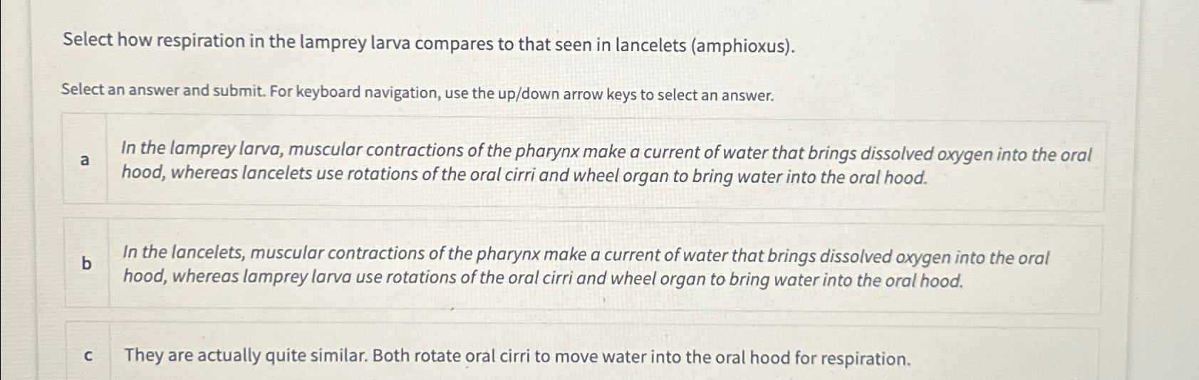 Solved Select how respiration in the lamprey larva compares | Chegg.com