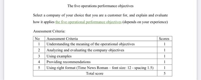 Solved The five operations performance objectives Select a | Chegg.com
