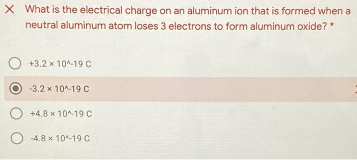 Solved X What is the electrical charge on an aluminum ion | Chegg.com