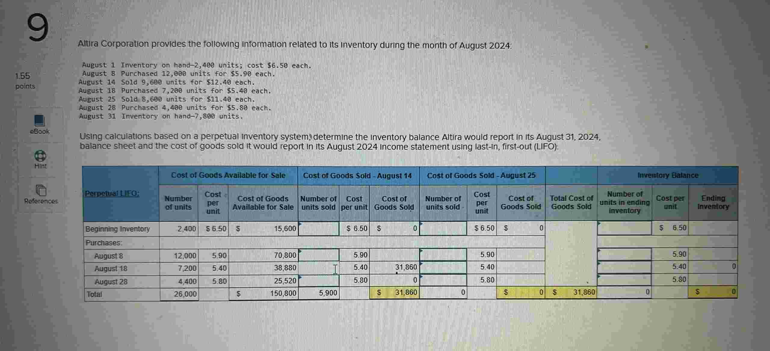 Solved Altira Corporation provides the following information | Chegg.com