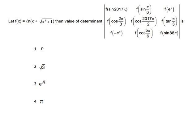 Solved Let f(x)=ℓn(x+x2+1) then value of determinant | Chegg.com