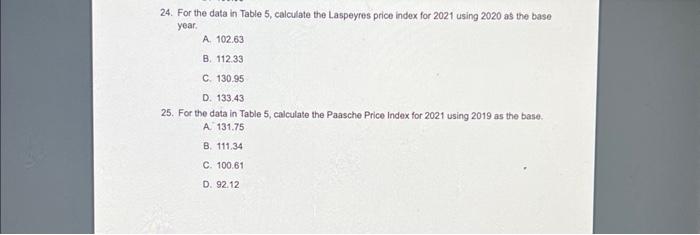 Solved 24. For the data in Table 5, calculate the Laspeyres | Chegg.com